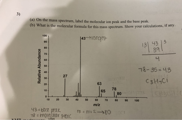Solved on the mass spectrum, label the molecular ion peak | Chegg.com