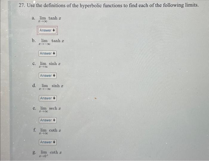 Solved 27. Use the definitions of the hyperbolic functions | Chegg.com