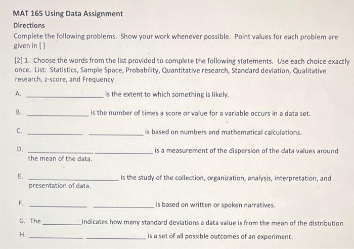 Solved MAT 165 Using Data Assignment Directions Complete the | Chegg.com