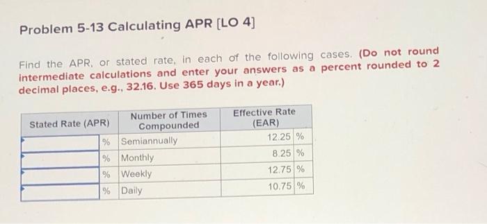 Solved Problem 5-13 Calculating APR [LO 4] Find the APR, or | Chegg.com