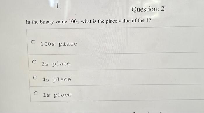 Solved с In the binary value 1002, what is the place value | Chegg.com