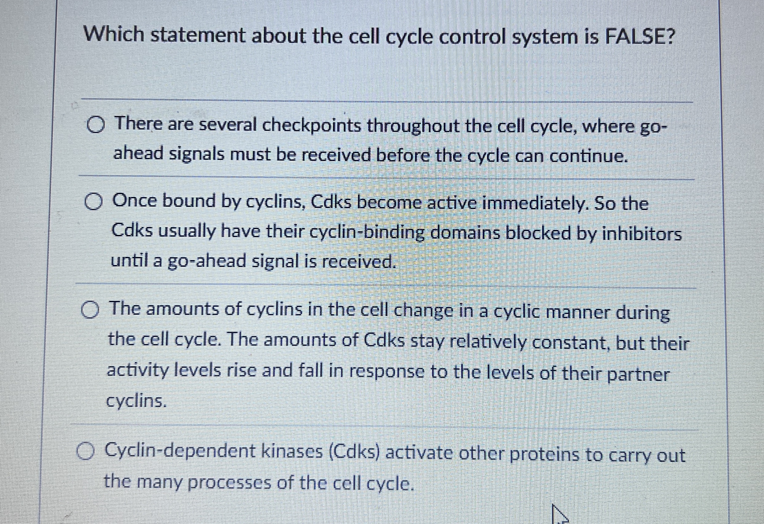 Solved Which statement about the cell cycle control system | Chegg.com