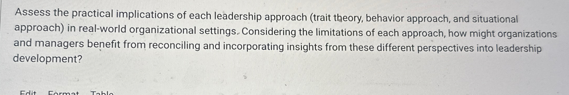 Solved Assess the practical implications of each leadership | Chegg.com