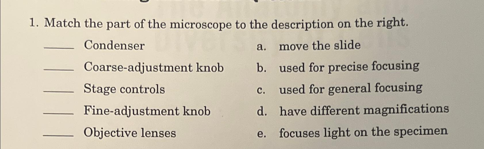 Solved Match the part of the microscope to the description | Chegg.com
