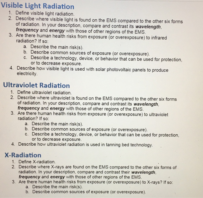Solved Visible Light Radiation 1. Define visible light | Chegg.com