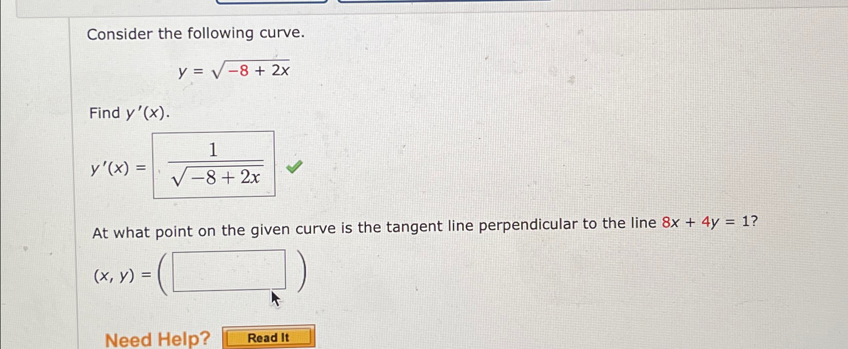 Solved Consider the following curve.y=-8+2x2Find | Chegg.com