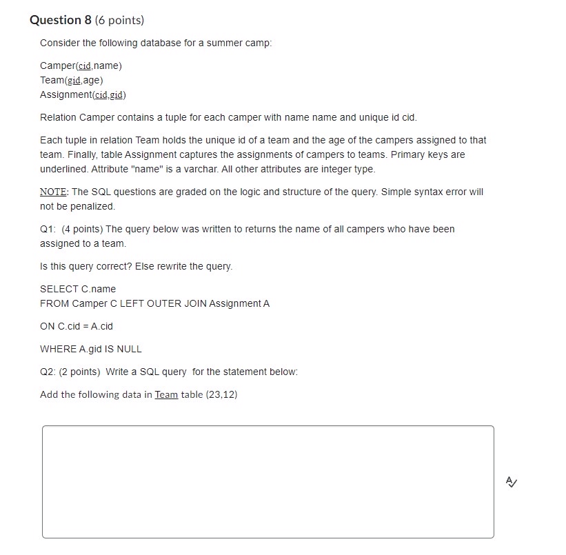 Solved Question 8 (6 ﻿points)Consider the following database | Chegg.com