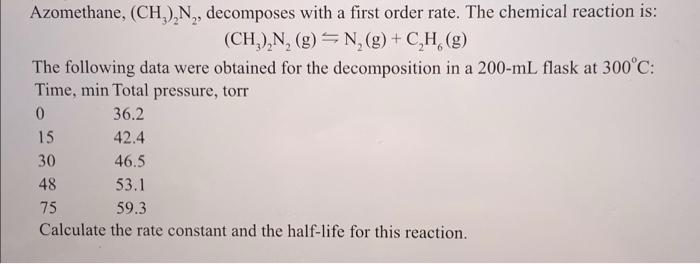 Solved Azomethane, (CH),N,, decomposes with a first order | Chegg.com