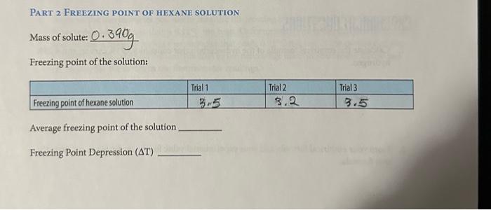 Solved PARt 2 FreEzing POINT OF HEXANE SOLUTION Mass of | Chegg.com