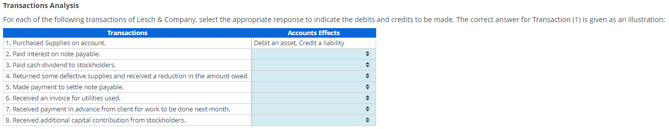 Solved Transactions AnalysisFor each of the following | Chegg.com