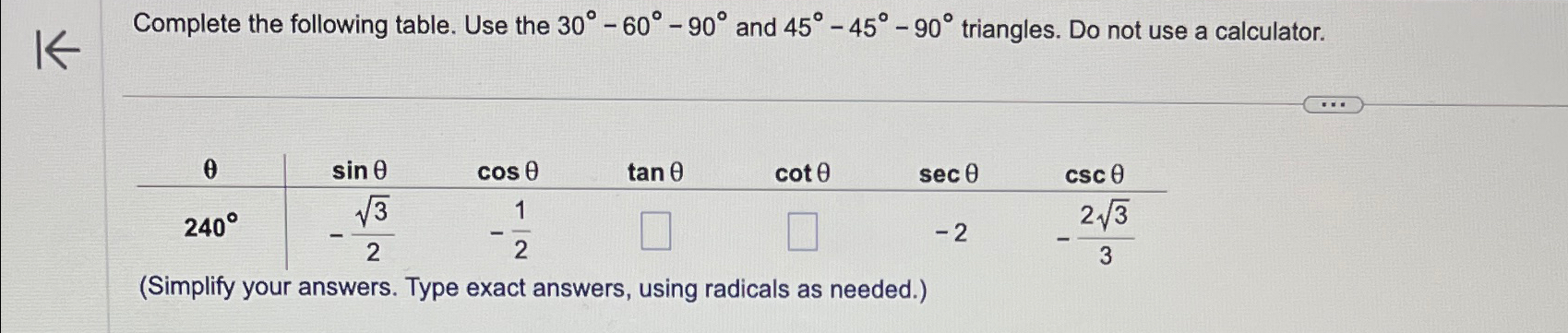 Solved Complete the following table. Use the 30°-60°-90° | Chegg.com