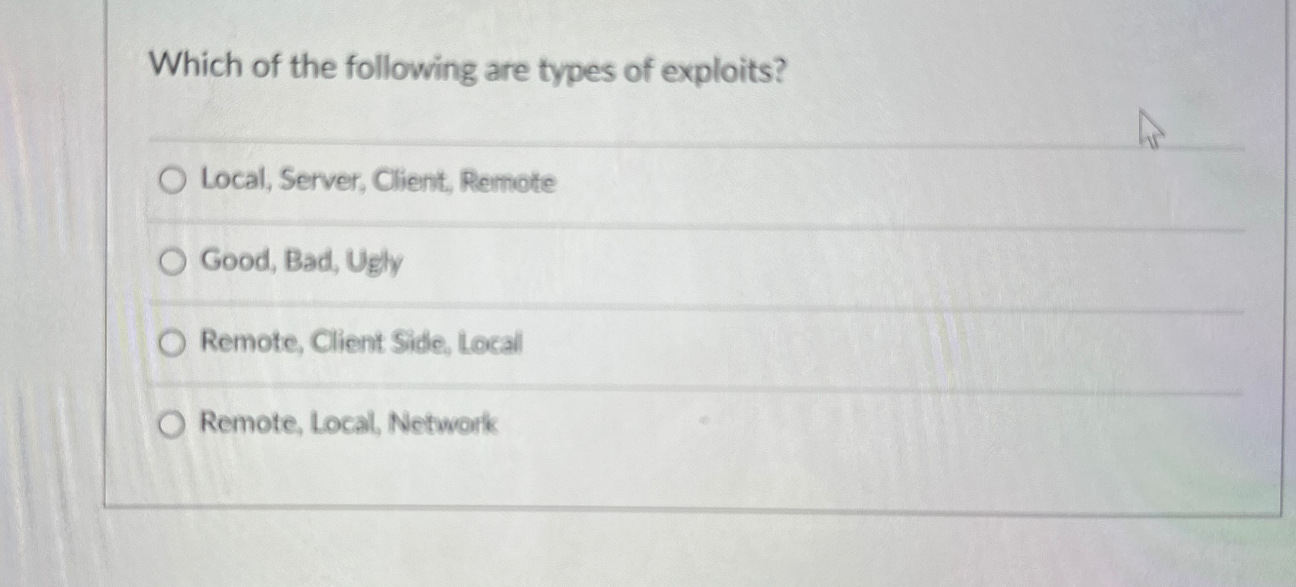 Solved Which of the following are types of exploits?Local, | Chegg.com
