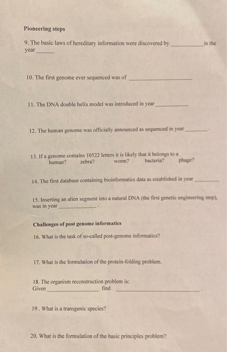 Solved Student Name INTRODUCTION TO BIOINFORMATICS | Chegg.com