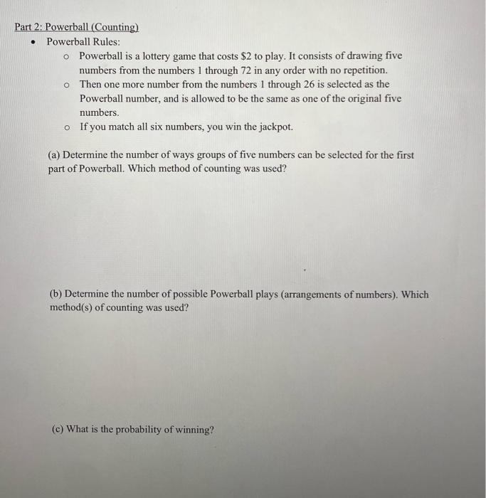 Solved . Part 2: Powerball (Counting) Powerball Rules: o | Chegg.com