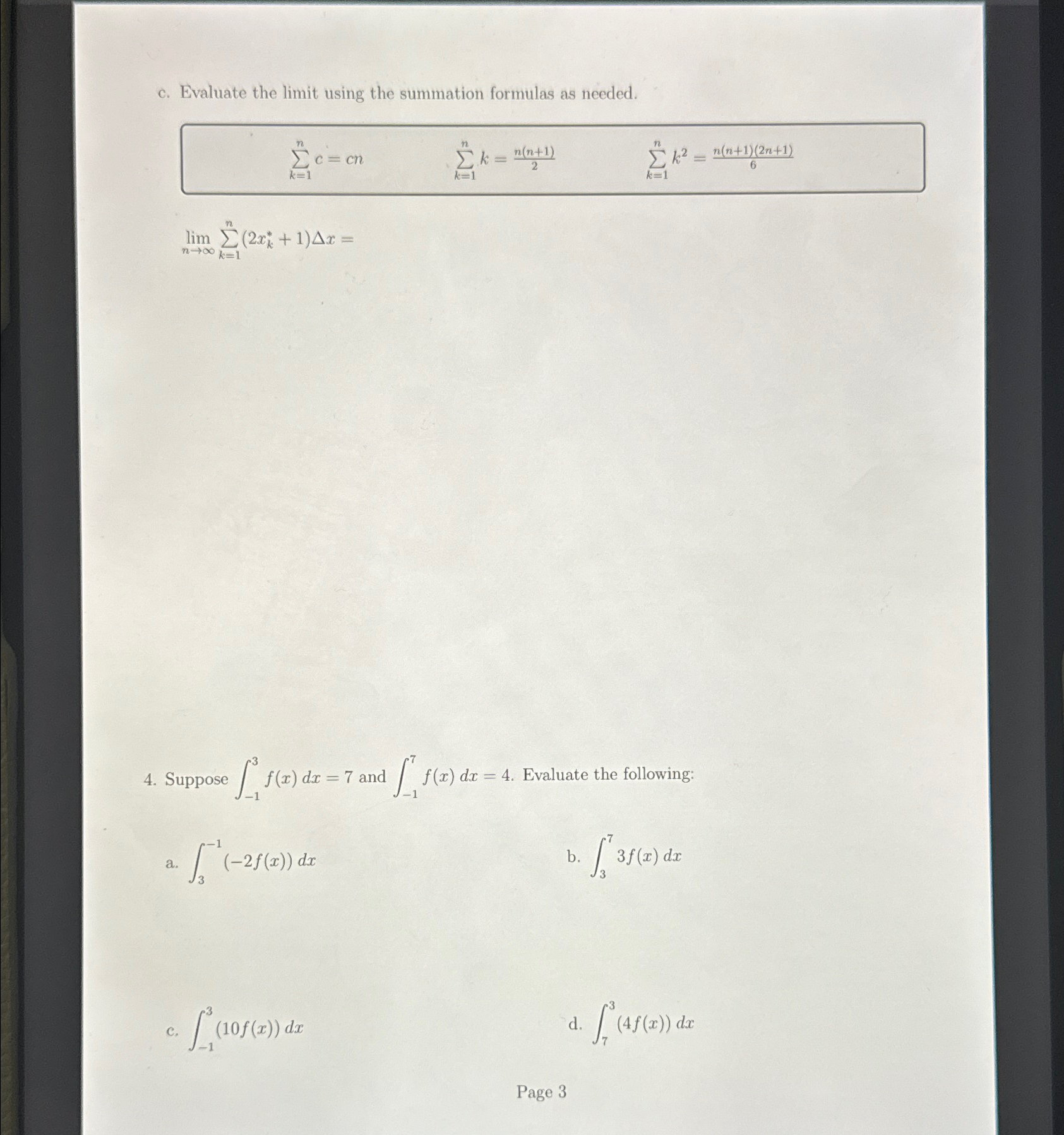Solved c. ﻿Evaluate the limit using the summation formulas | Chegg.com