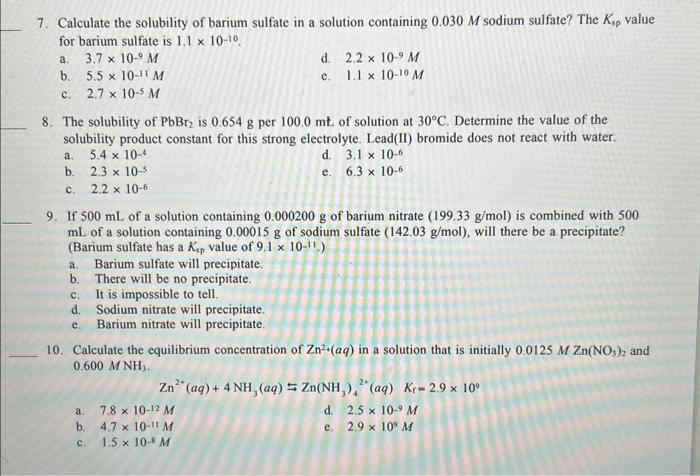 Solved 7. Calculate the solubility of barium sulfate in a | Chegg.com