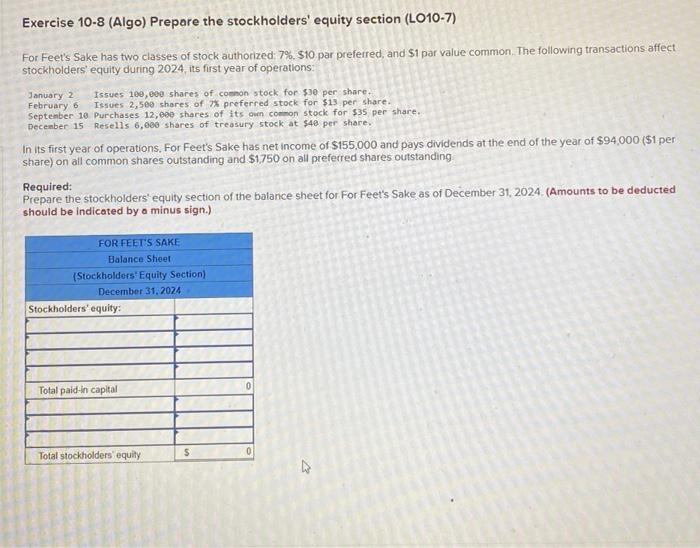 Solved Exercise 10-8 (Algo) Prepare the stockholders' equity | Chegg.com