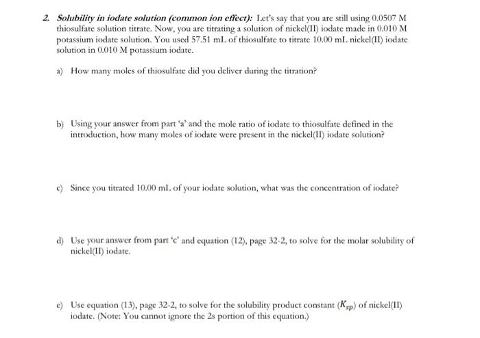 Solved 2. Solubility in iodate solution (common ion effect): | Chegg.com
