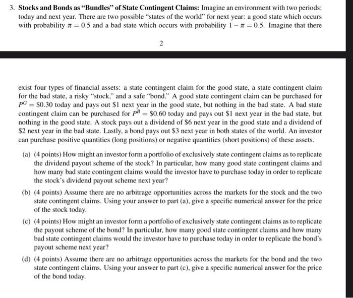 Stocks and Bonds as "Bundles" of State Contingent | Chegg.com