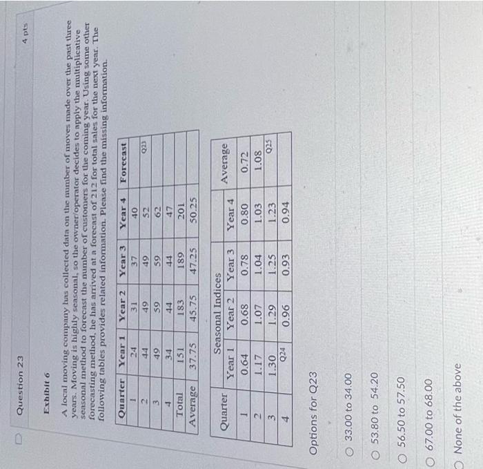 Solved Exhfbit 6 A local moving company has collected data | Chegg.com