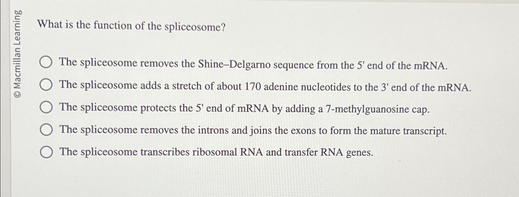 Solved ∞E ﻿What is the function of the spliceosome?The | Chegg.com