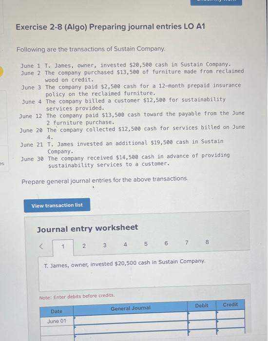 Solved Exercise 2-8 (Algo) Preparing journal entries LO A1 | Chegg.com