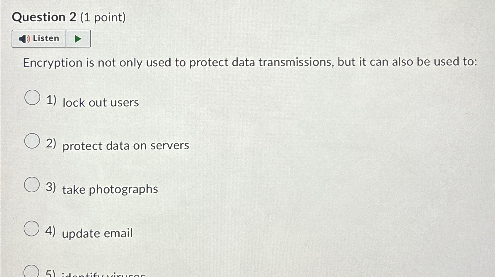 Solved Question 2 (1 ﻿point)Encryption is not only used to | Chegg.com