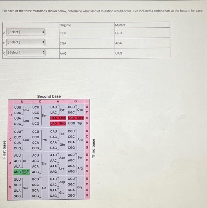 Solved For each of the three mutations shown below, | Chegg.com