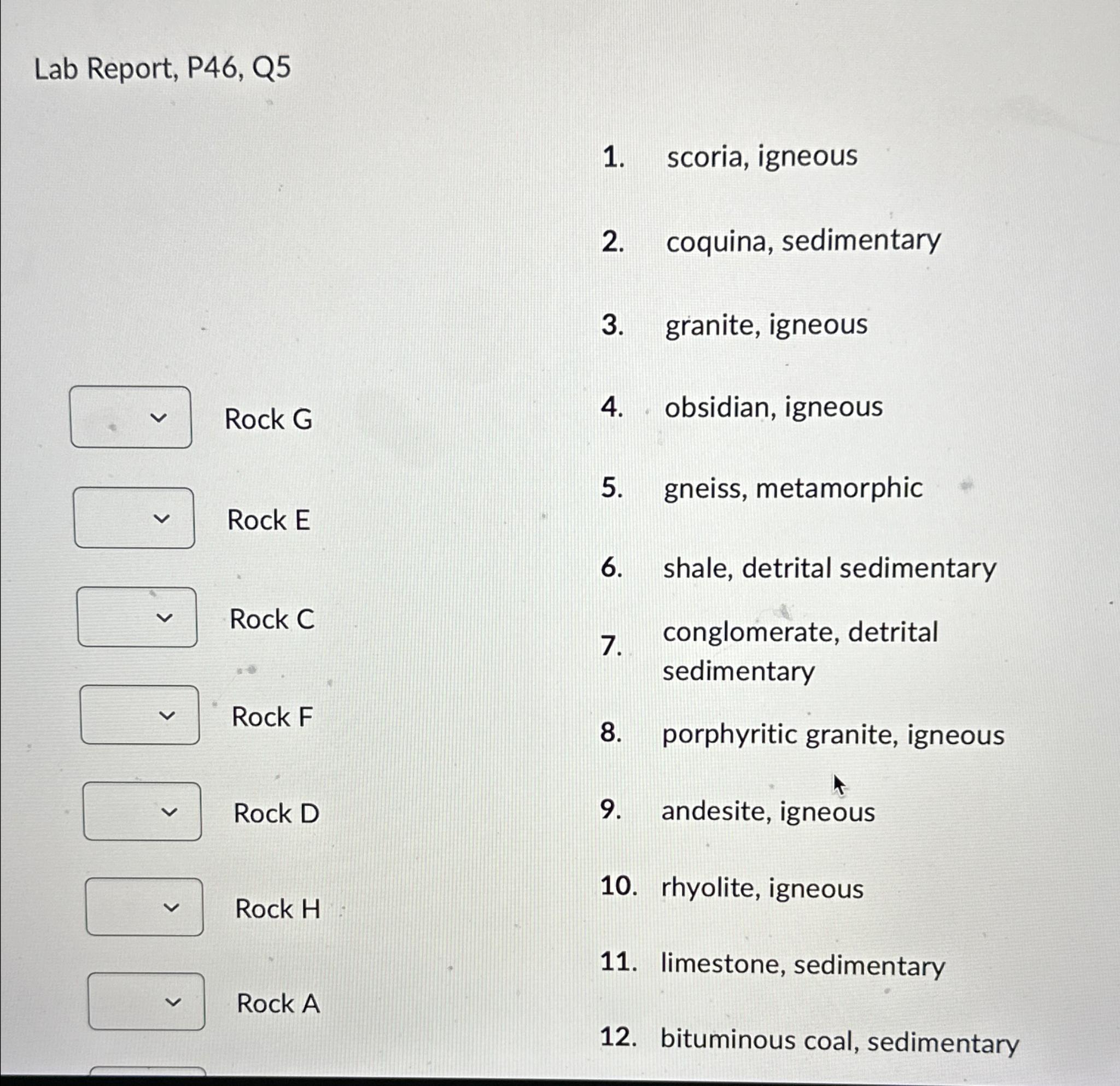 Solved Lab Report, P46, ﻿Q5scoria, igneouscoquina, | Chegg.com