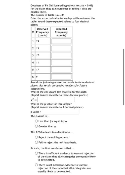 Solved Goodness of Fit Chi-Squared hypothesis test (α=0.05) | Chegg.com