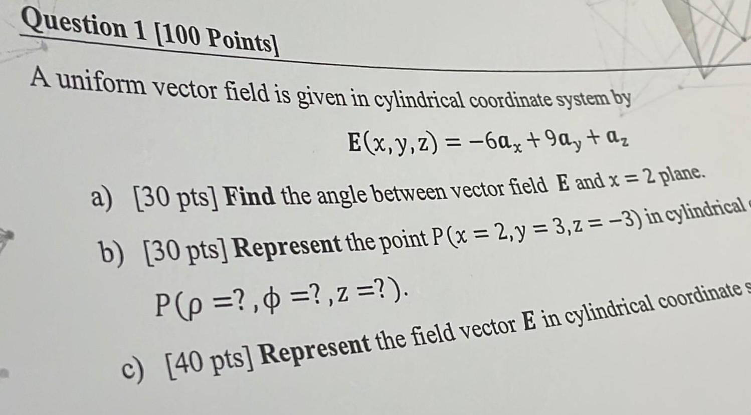 Solved A uniform vector field is given in cylindrical | Chegg.com