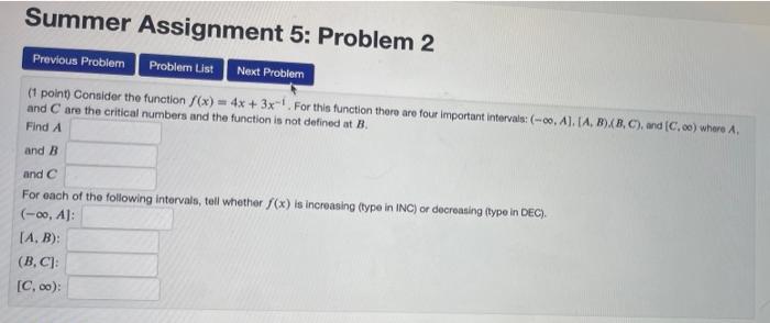 Solved Summer Assignment 5: Problem 2 Previous Probler | Chegg.com