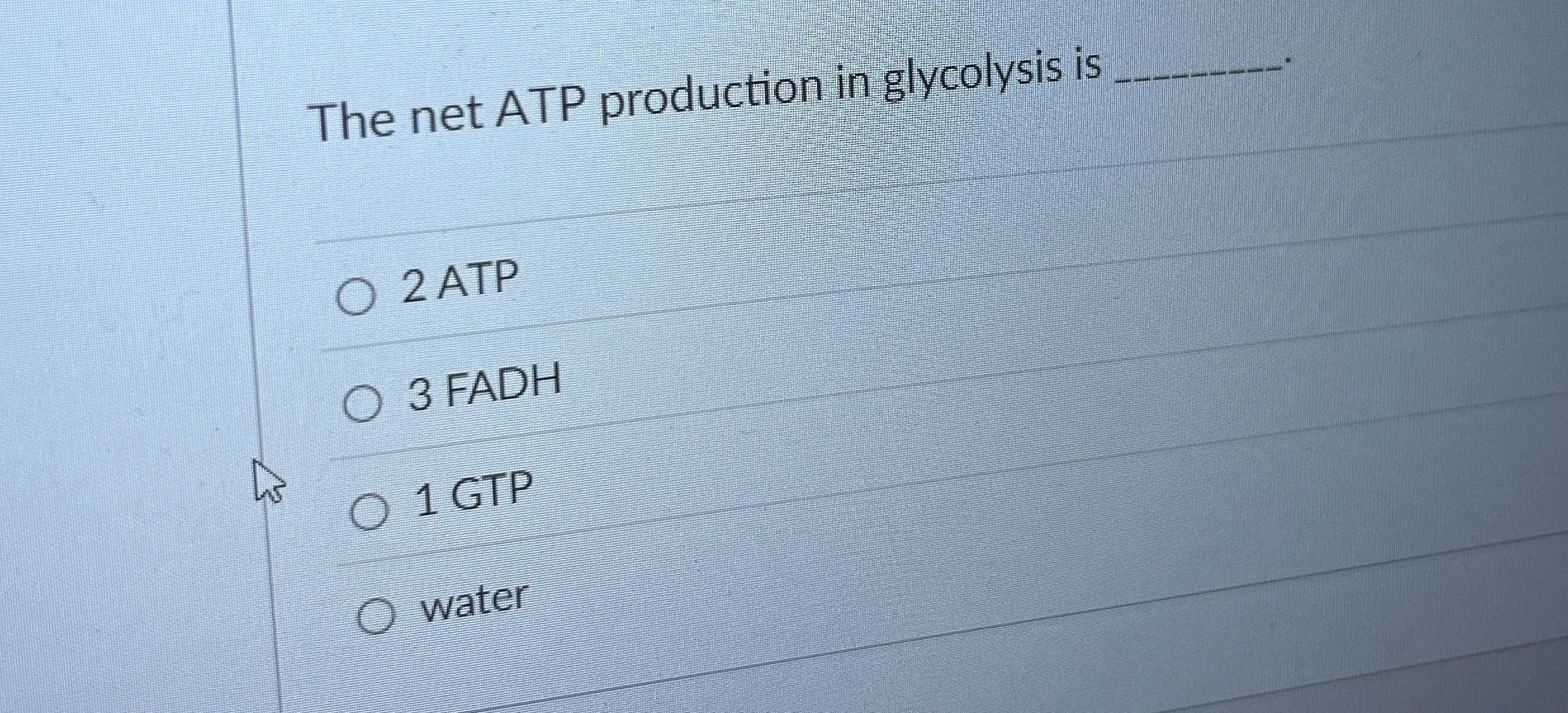 Solved The net ATP production in glycolysis is2 ﻿ATP3 ﻿FADH1 | Chegg.com