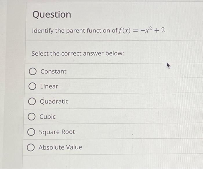 Solved Identify the parent function of f(x)=−x2+2. Select | Chegg.com