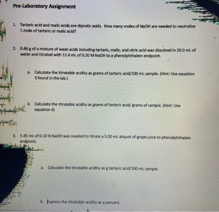 Solved Pre-Laboratory Assignment 1 Tartaric acid and malic | Chegg.com