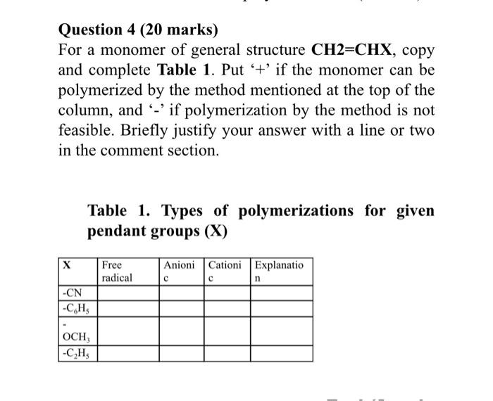 Solved Question 4 (20 marks) For a monomer of general | Chegg.com