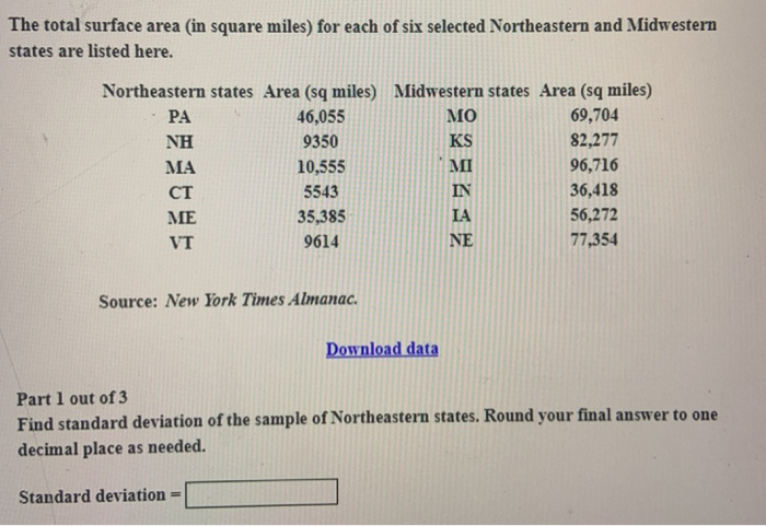 Solved The total surface area (in square miles) for each of | Chegg.com