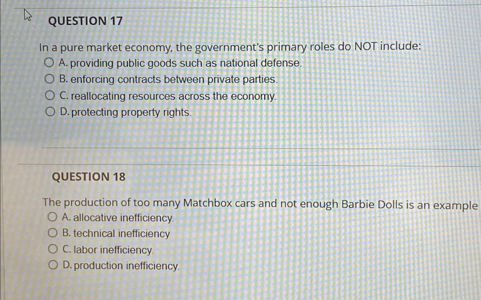 Solved QUESTION 17In a pure market economy, the government's | Chegg.com