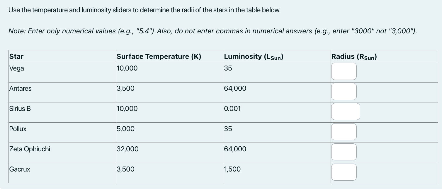 Solved Use the temperature and luminosity sliders to | Chegg.com