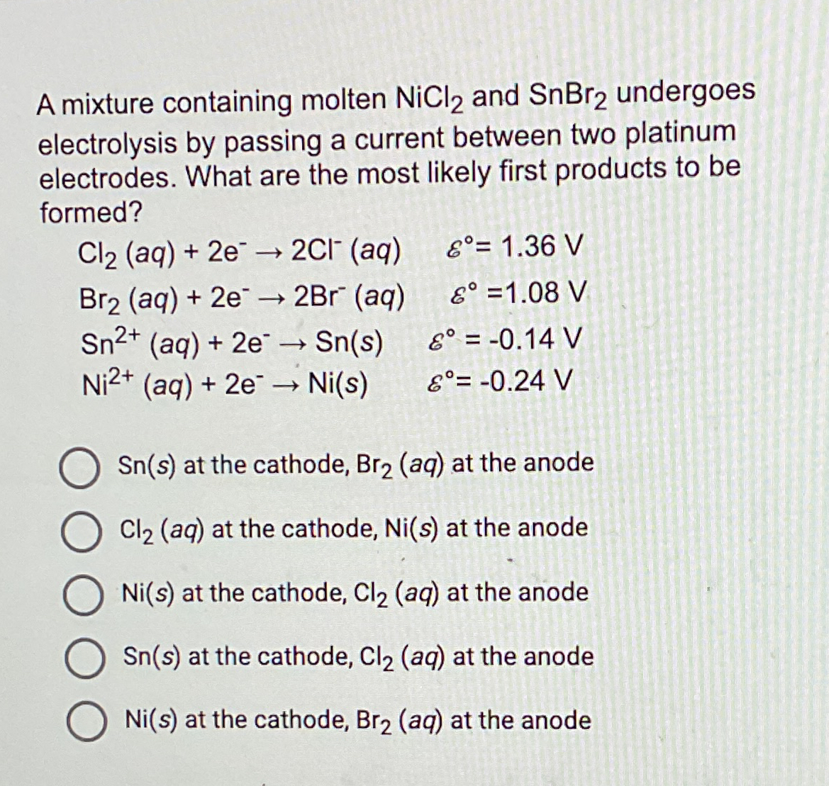Solved A mixture containing molten NiCl2 ﻿and SnBr2 | Chegg.com