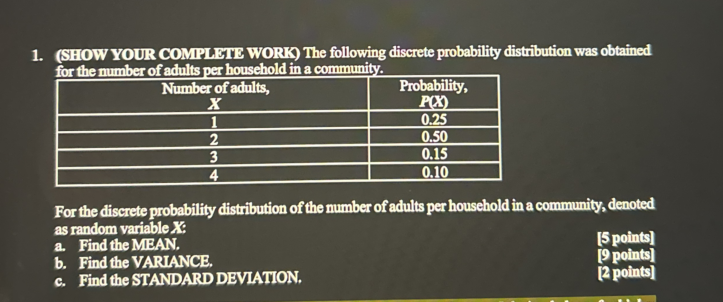 Solved (SHOW YOUR COMPLETE WORK) ﻿The following discrete | Chegg.com