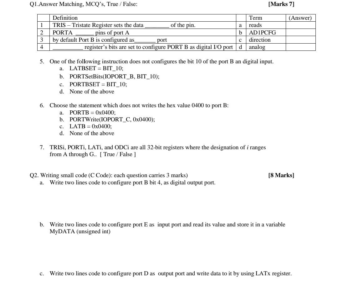 Solved Q1. Answer Matching, MCQ's, True / False: [Marks 7] | Chegg.com