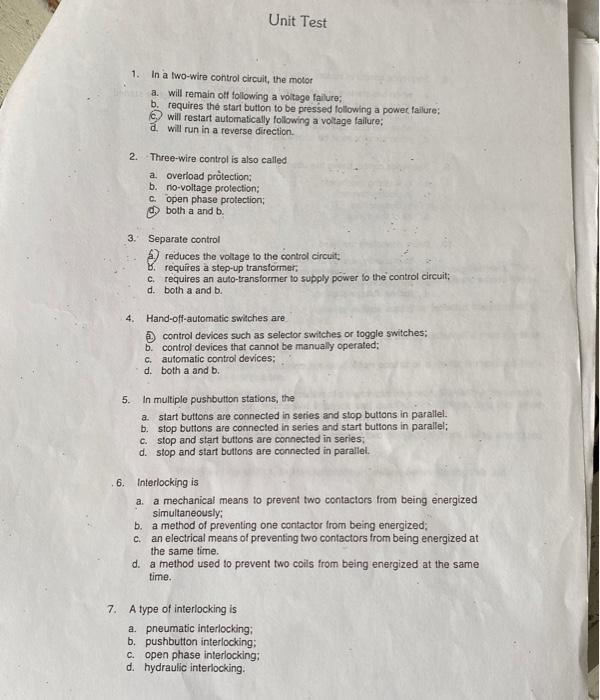 Solved Unit Test 1. In a two-wire control circuit, the motor | Chegg.com