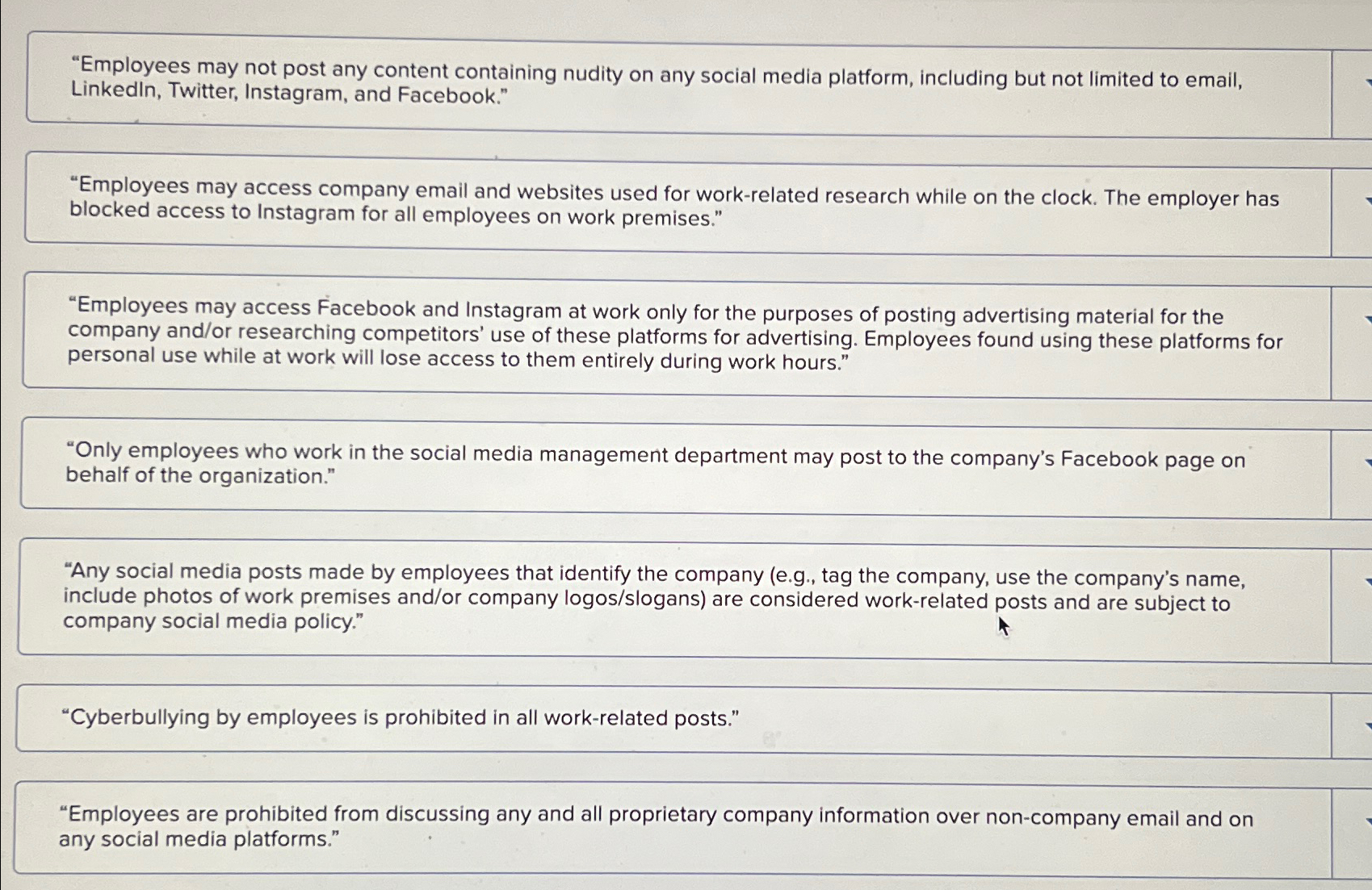 Solved "Employees may not post any content containing nudity | Chegg.com