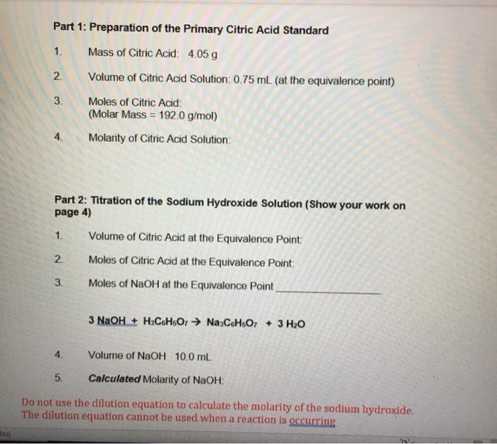 Solved Part 1: Preparation of the Primary Citric Acid | Chegg.com