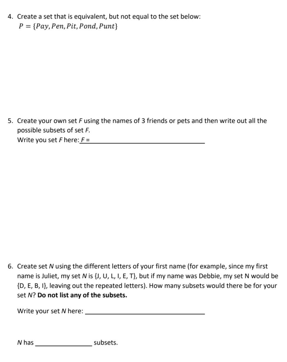 Solved 4. Create a set that is equivalent, but not equal to | Chegg.com