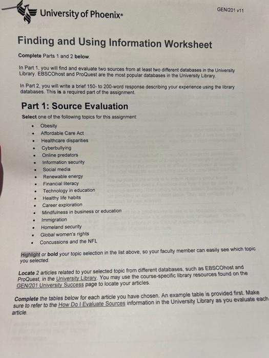 Finding and Using Information Worksheet Complete | Chegg.com