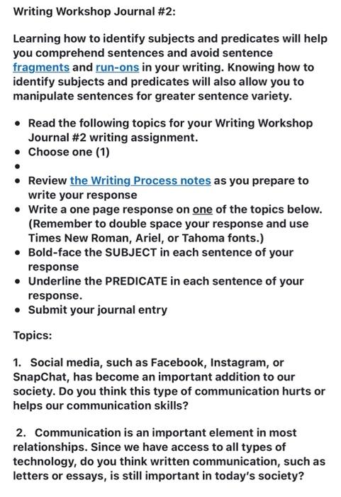 Writing Workshop Journal #2: Learning how to identify | Chegg.com