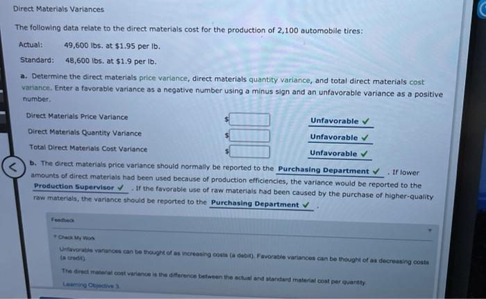 Solved Direct Materials Variances The following data relate | Chegg.com