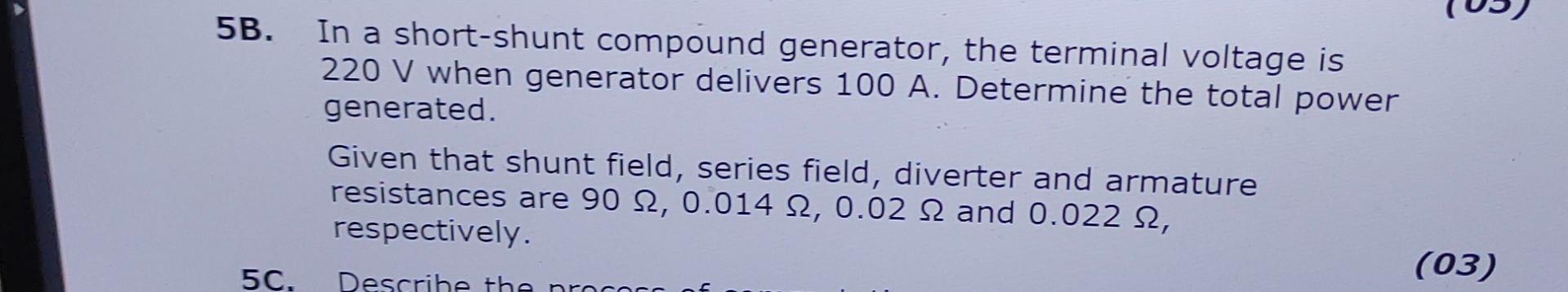 Solved 5B. In a short-shunt compound generator, the terminal | Chegg.com